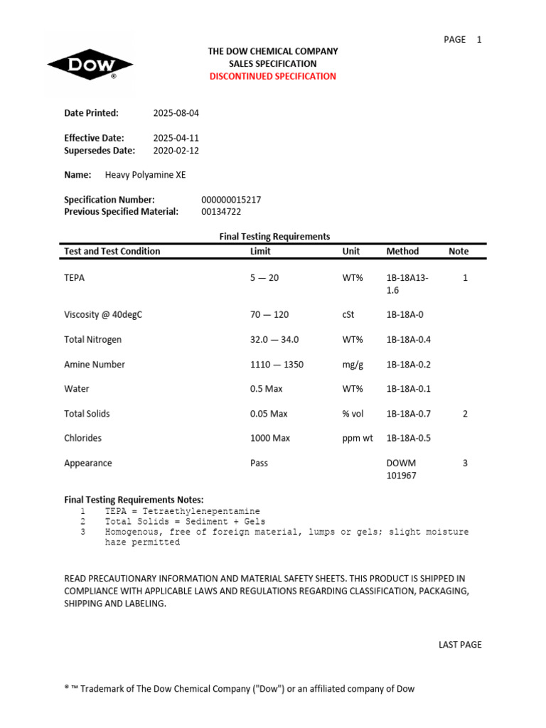 DOW-Heavy Polyamine XE | PDF