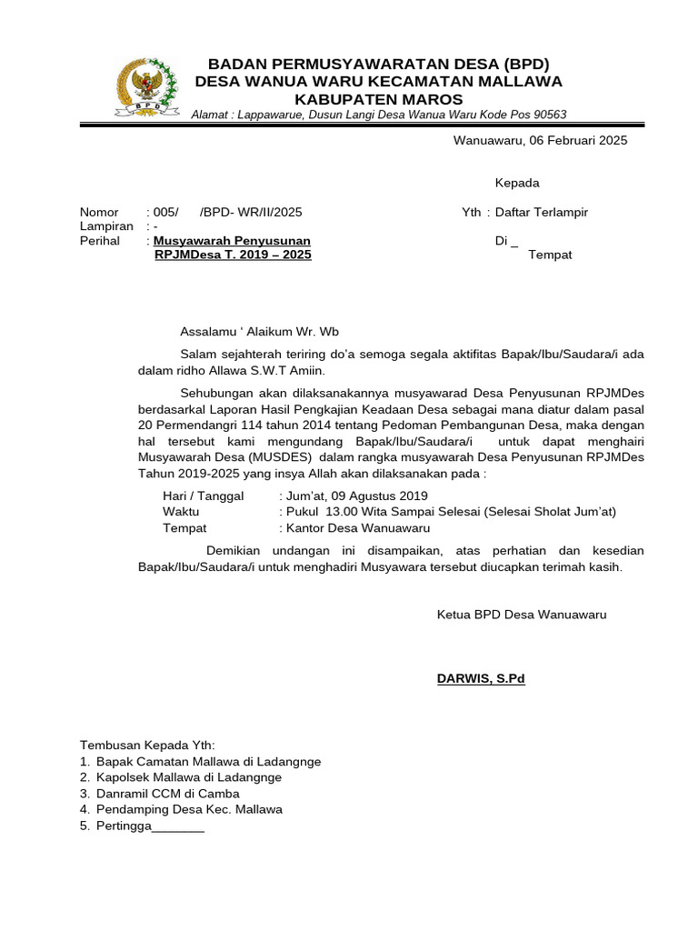 Undangan Musdes Penyusunan RPJMDes | PDF