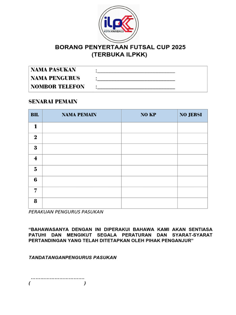 Borang Penyertaan FTBC Futsal Cup 25.Pdf - 20250802 - 121637 - 0000 | PDF