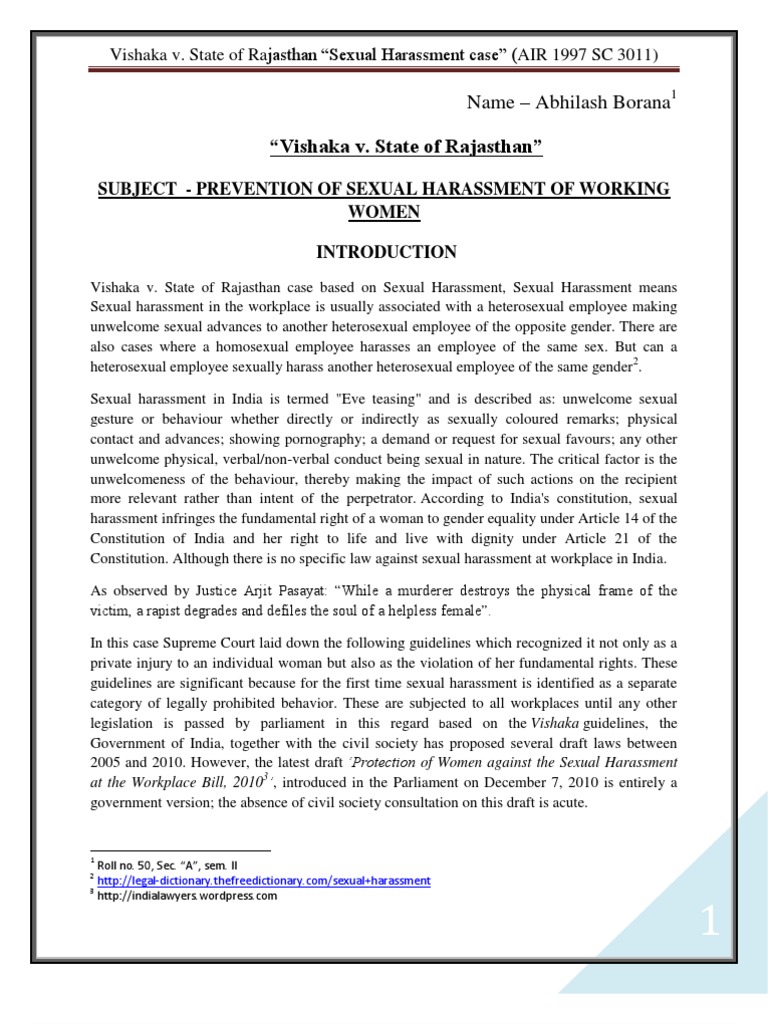 Vishaka Case: Guidelines on Sexual Harassment | PDF | Sexual Harassment ...