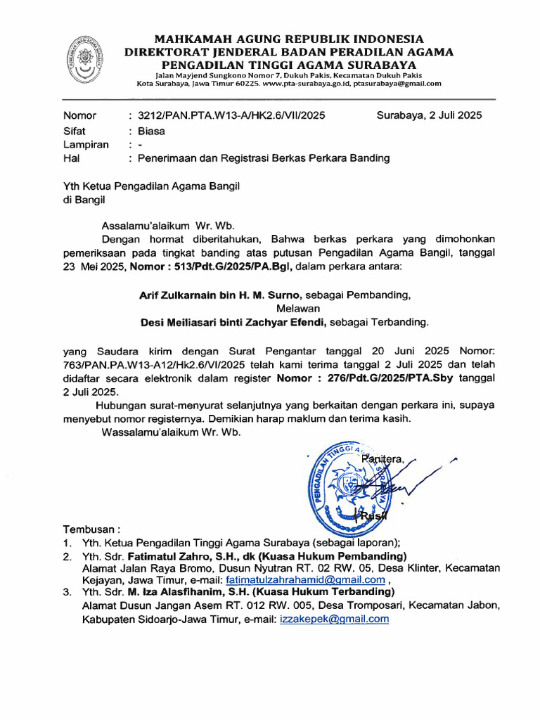 Penerimaan Dan Registrasi Berkas Perkara Banding 276-2025 | PDF