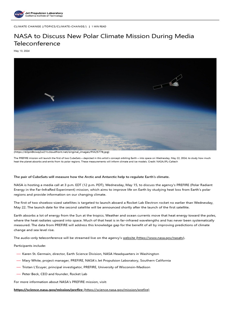 NASA To Discuss New Polar Climate Mission During Media Teleconference ...