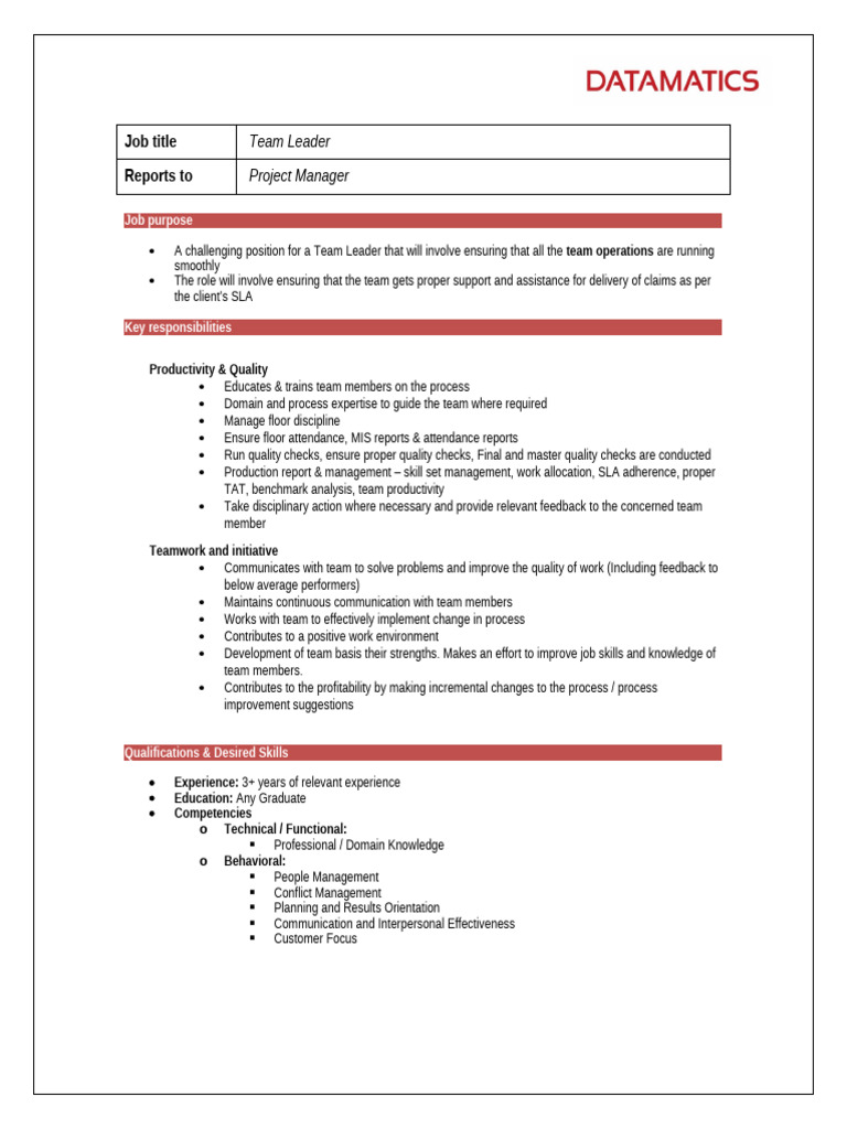 Team Leader Job Description and Responsibilities | PDF
