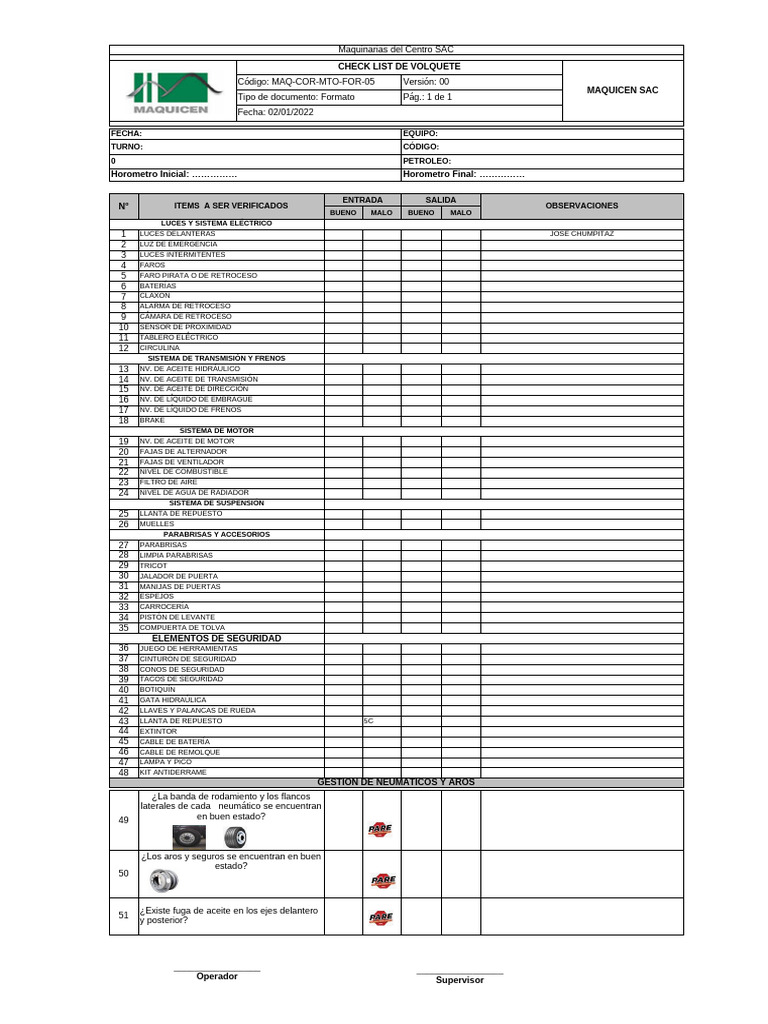 Maq-cor-mto-For-05 Check List Volquete | PDF | Neumático | Tecnologías ...