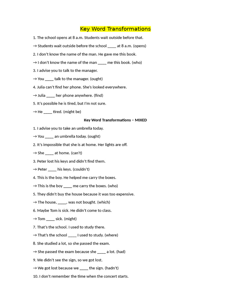 Key Word Transformations Exercises | PDF | Linguistics