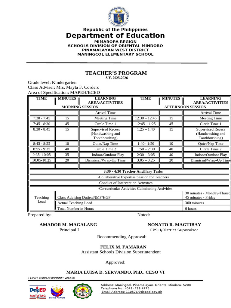 Kinder ClassTeachersProgram 2025-2026 | PDF | Social Institutions | Philippines