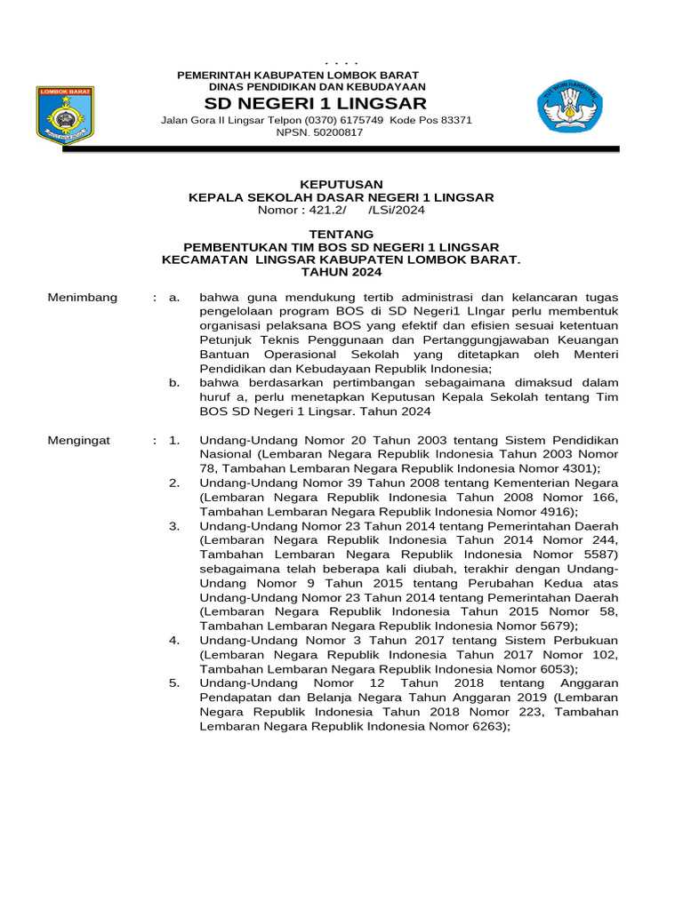 Pembentukan Tim BOS SD 1 Lingsar 2024 | PDF