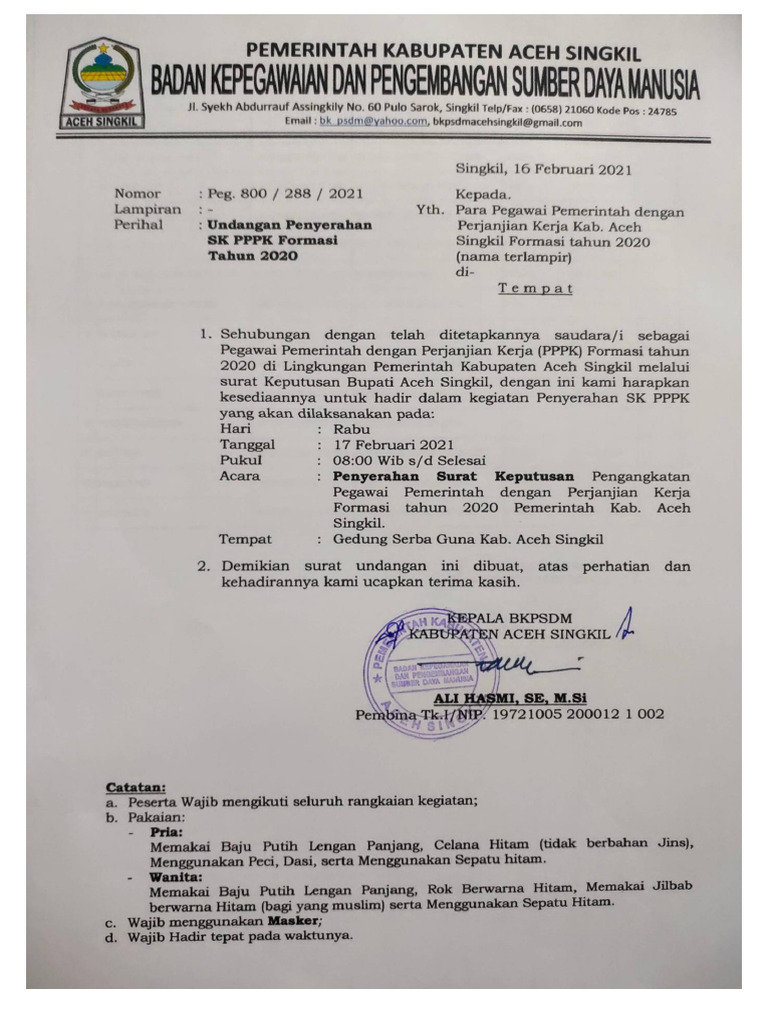Undangan Penyerahan SK PPPK Contoh Pemkab Aceh Singkil | PDF