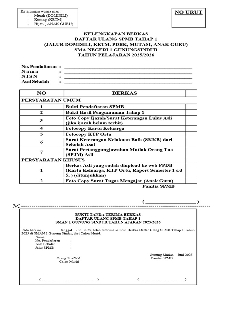 Cover Map Berkas Daftar Ulang Ppdb Tahap 1 2025_rev | PDF