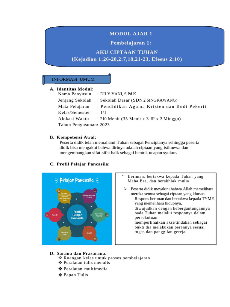 Modul Ajar PAK Kelas I: Aku Ciptaan Tuhan | PDF
