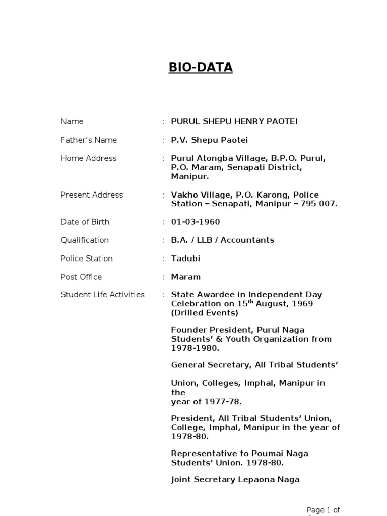 Bio Data of Purul Shepu Henry Paotei | PDF | Government