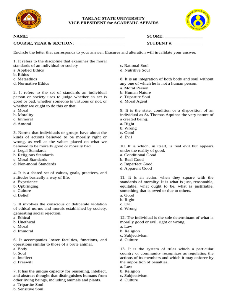 Ethics and Morality Quiz for Students | PDF | Morality | Virtue Ethics