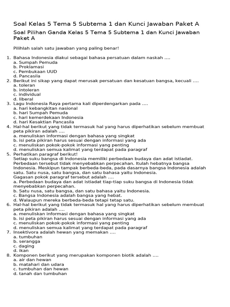 Soal Kelas 5 Tema 5 Subtema 1 Dan Kunci Jawaban | PDF
