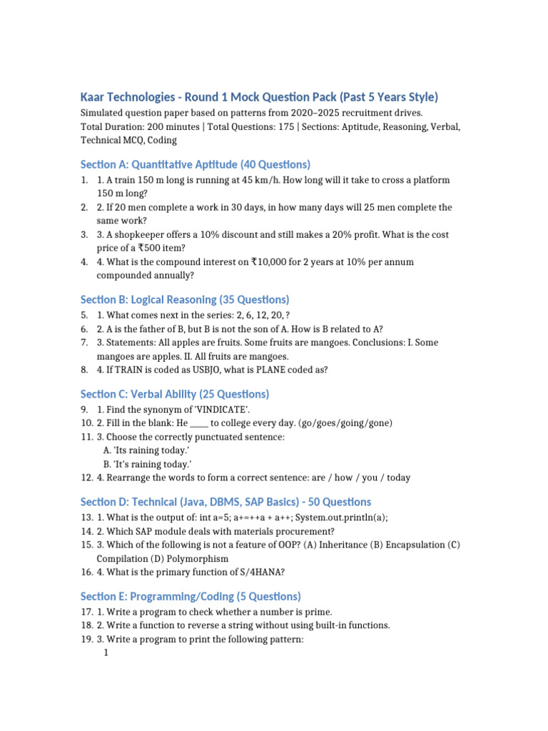 Kaar Technologies Past 5 Years Mock Question Paper | PDF