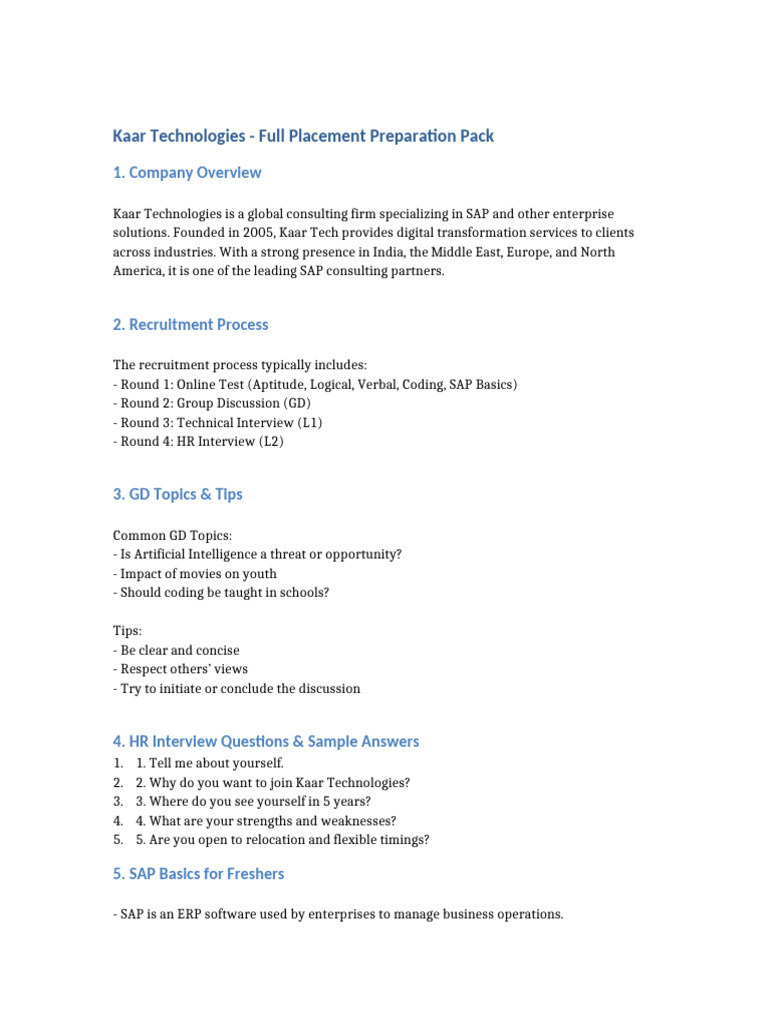 Kaar Technologies Placement Prep Pack | PDF