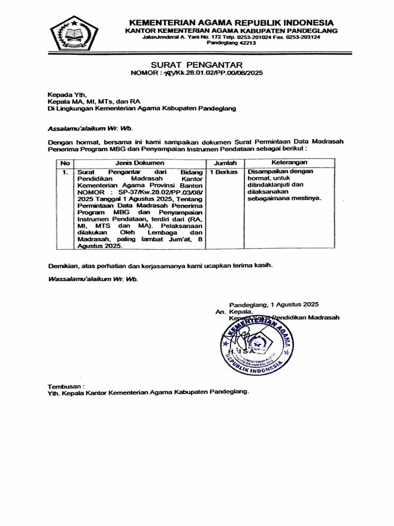 Surat Pengantar Permintaan Data Penerima Program MBG | PDF