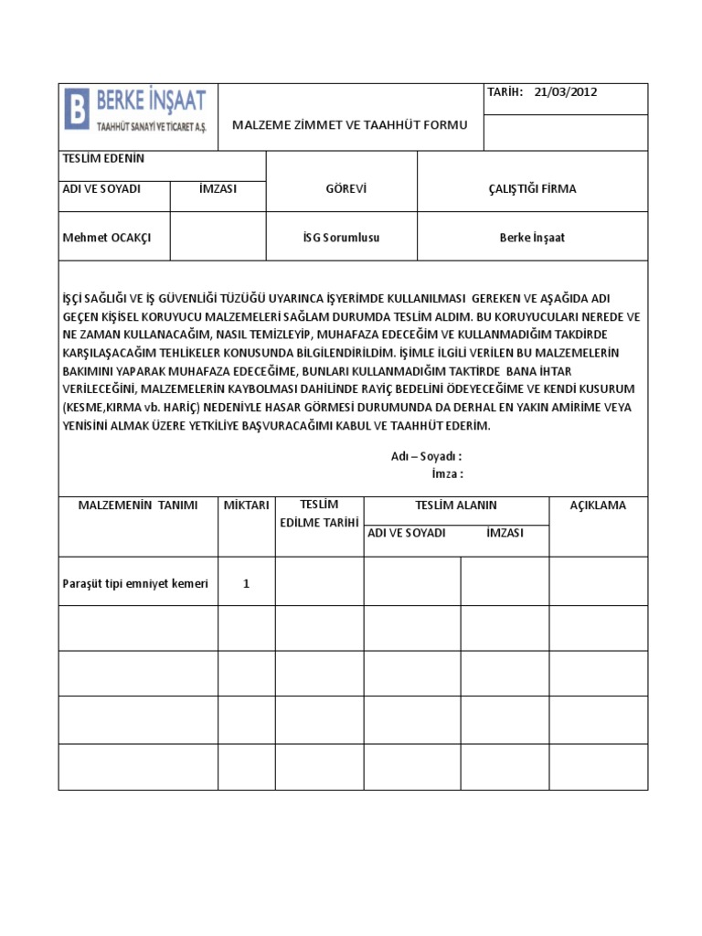 Malzeme Zi̇mmet Ve Taahhüt Formu - 01