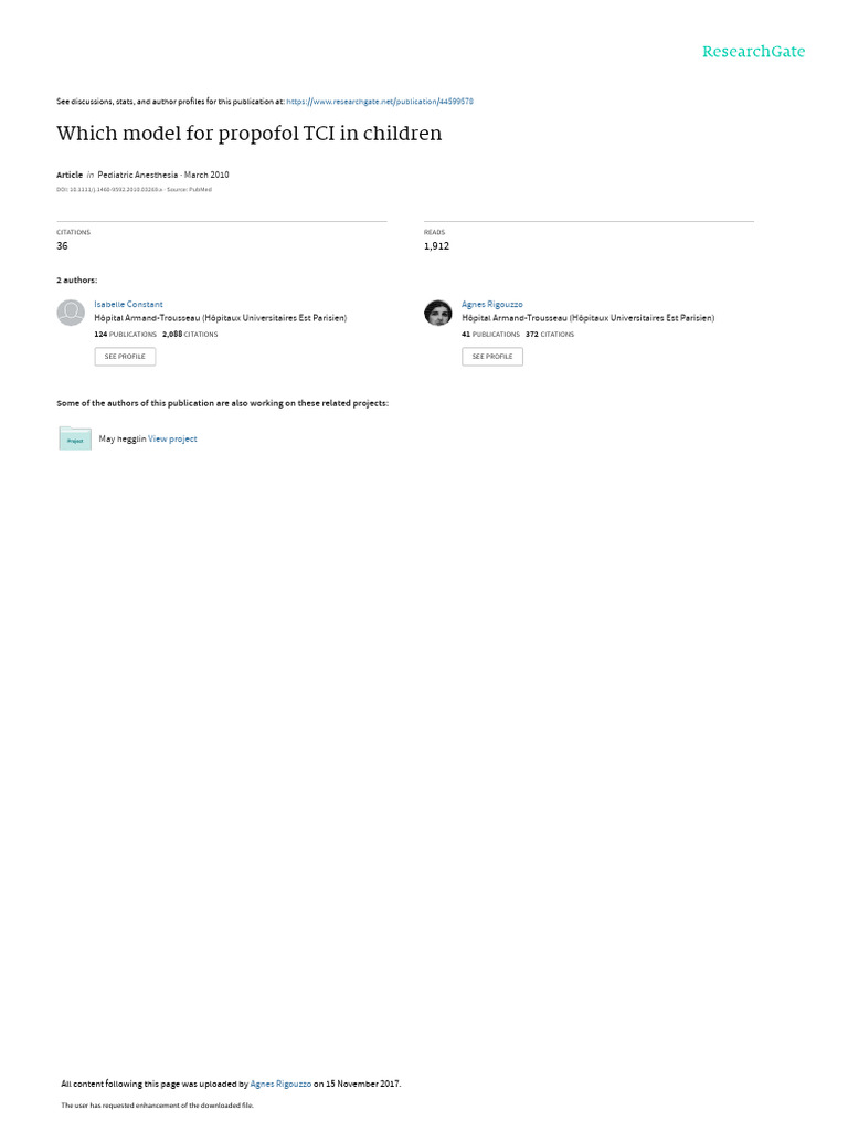 Which Model for Propofol TCI in Children | PDF | Pharmacokinetics ...