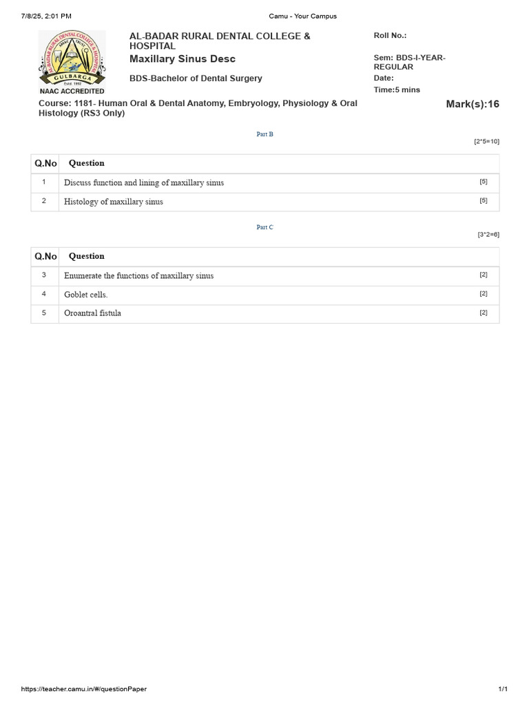 Maxillary Sinus Exam Questions BDS | PDF