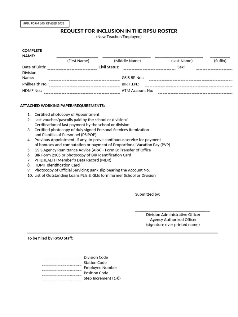 Request For Inclusion in The RPSU Roster New Teacher - Employee | PDF