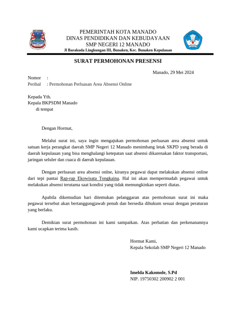 Surat Permohonan Absensi SMP12 | PDF