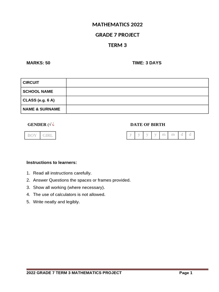 Grade 7 Term 3 Maths Project 2022 | PDF | Line (Geometry) | Shape