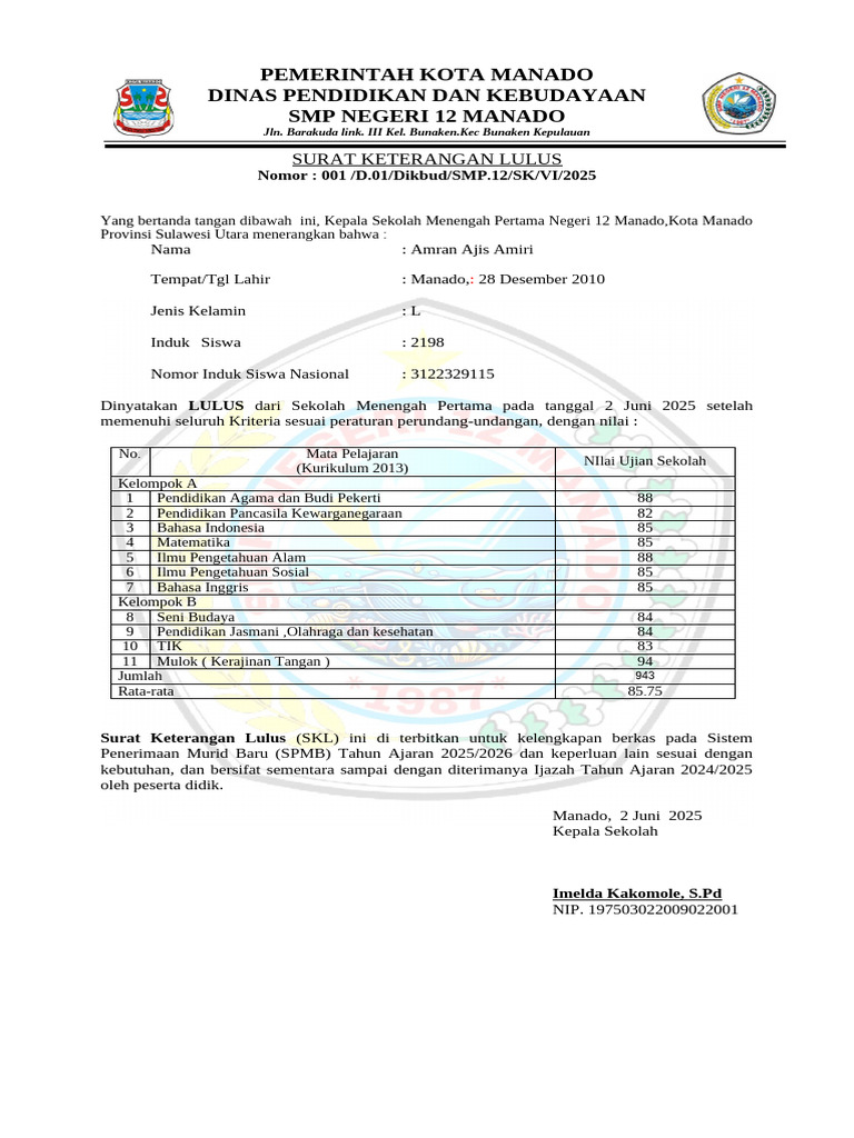 Surat Keterangan Lulus SMP Manado | PDF