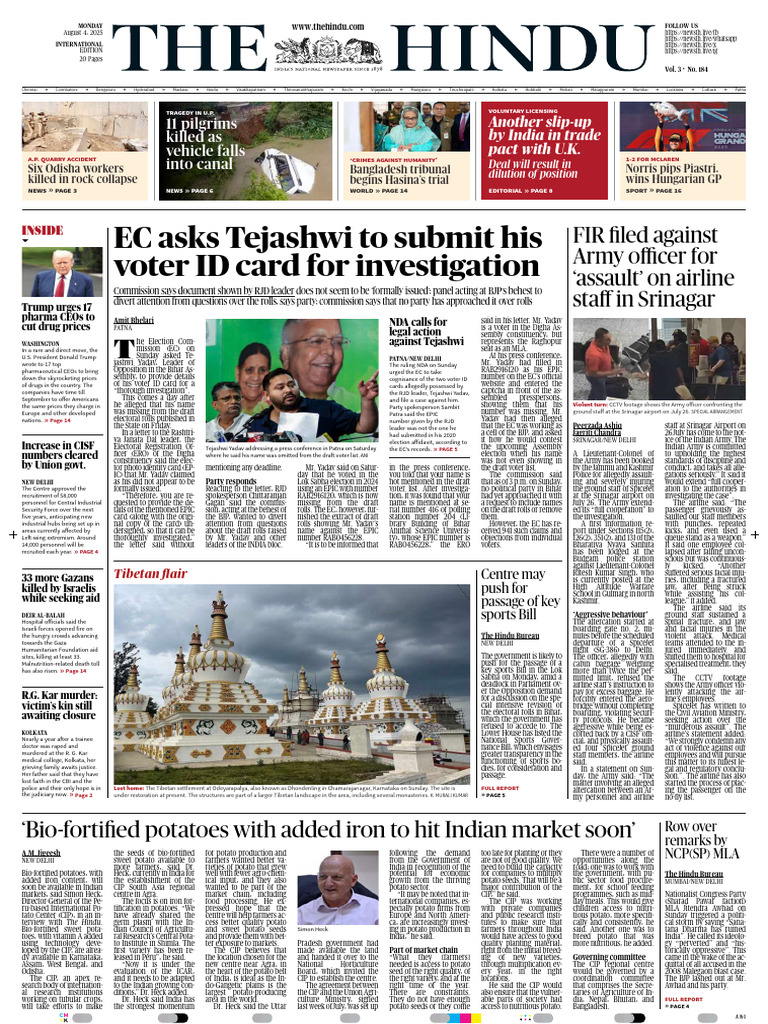 The HINDU HD International Editable Full Edition 04 08 2025 | PDF ...