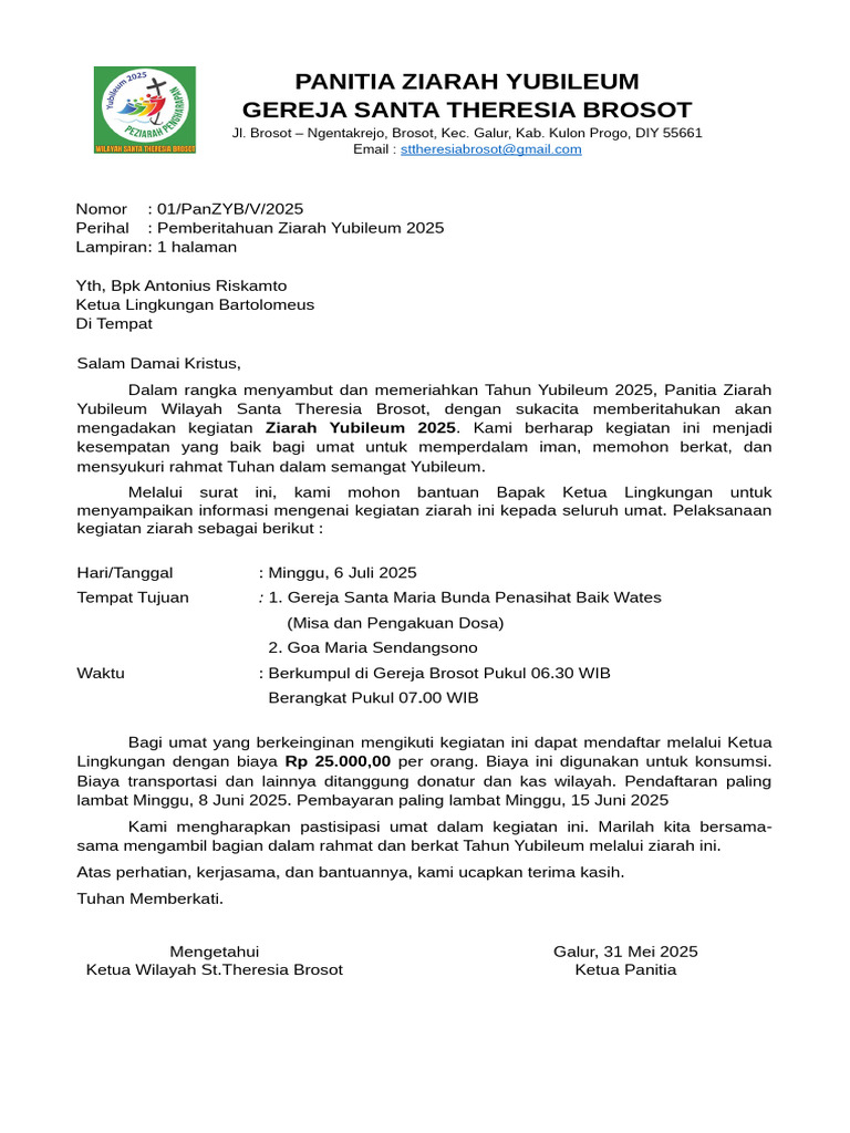Surat Pemberitahuan Ziarah Yubilium | PDF