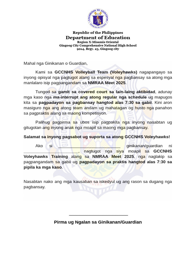 GCCNHS Volleyball Team Training Consent | PDF