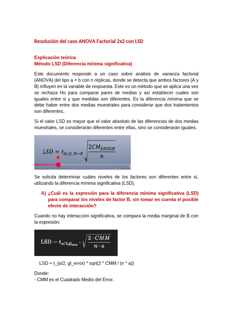 ANOVA - LSD - Ejemplo - Teoria Ejercicio Resuelto | PDF | Análisis de variación | Método científico