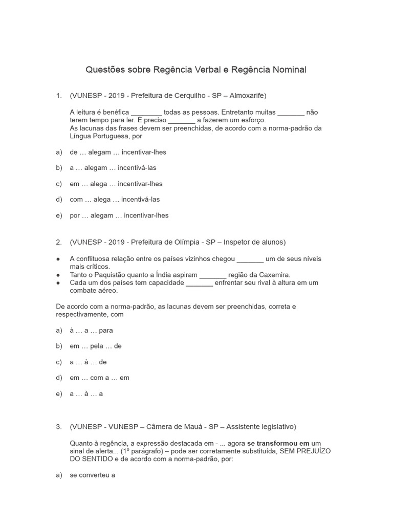 Questões sobre Regência Verbal e Nominal | PDF | Science | Comunicação
