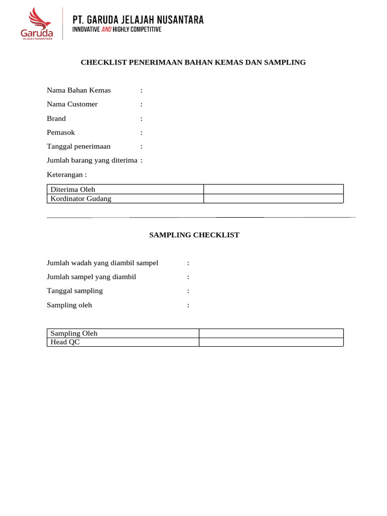 Checklist Penerimaan Bahan Kemas Dan Sampling | PDF