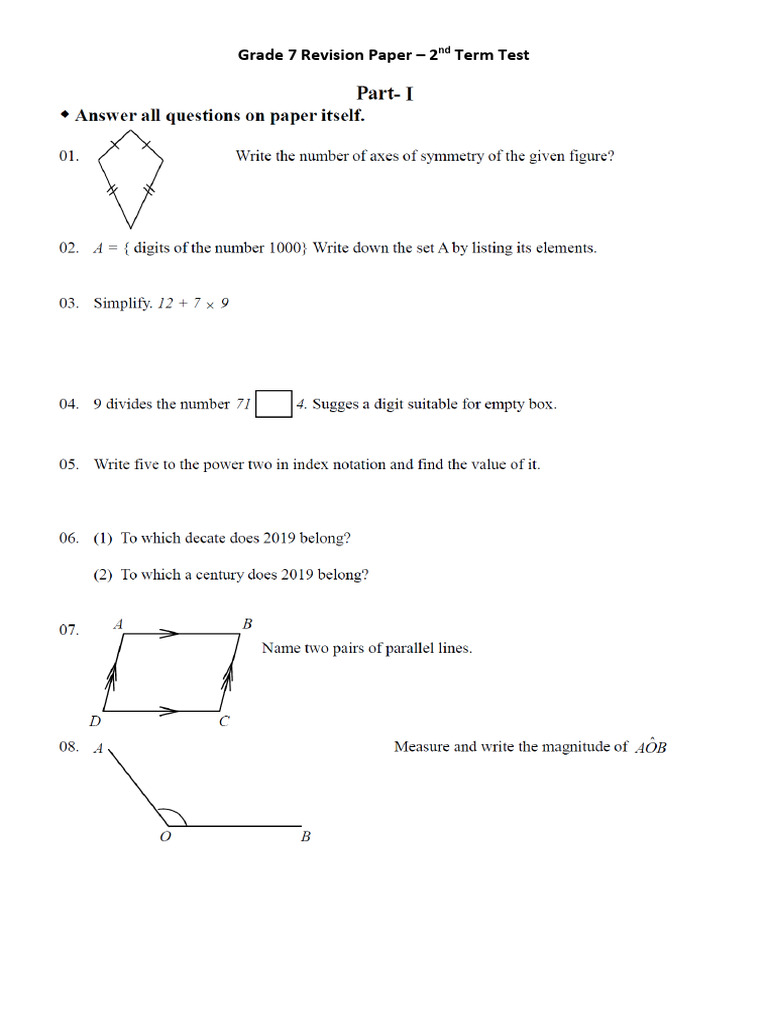 Grade 7 Revision Paper Â 2nd Term Test | PDF