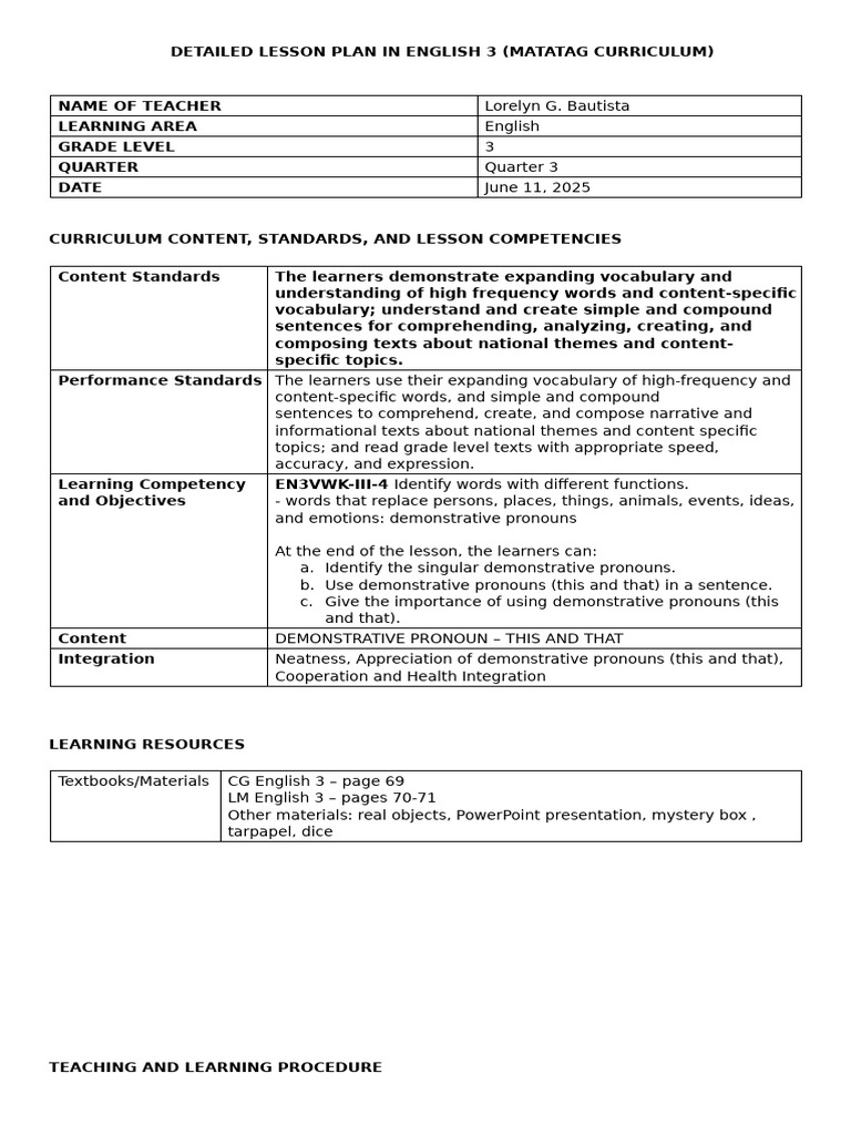 Detailed Lesson Plan: Demonstrative Pronouns | PDF | English Language ...