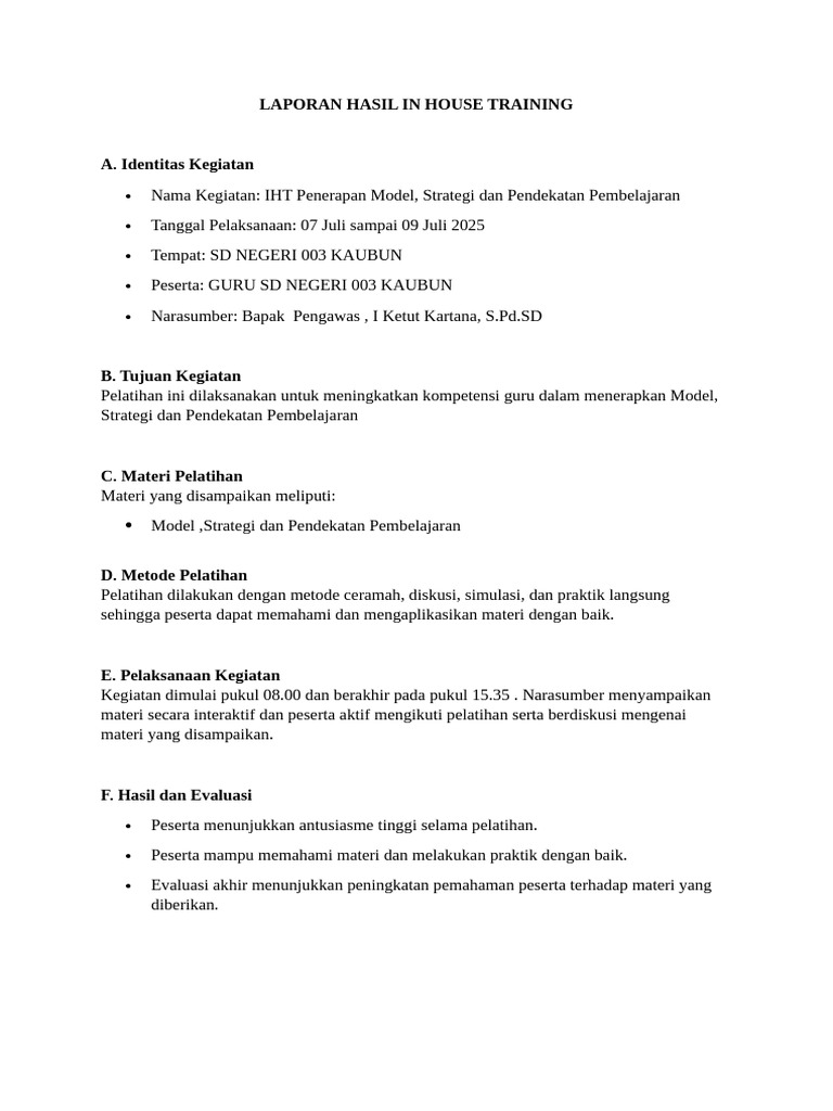 Laporan Hasil in House Training Fix | PDF