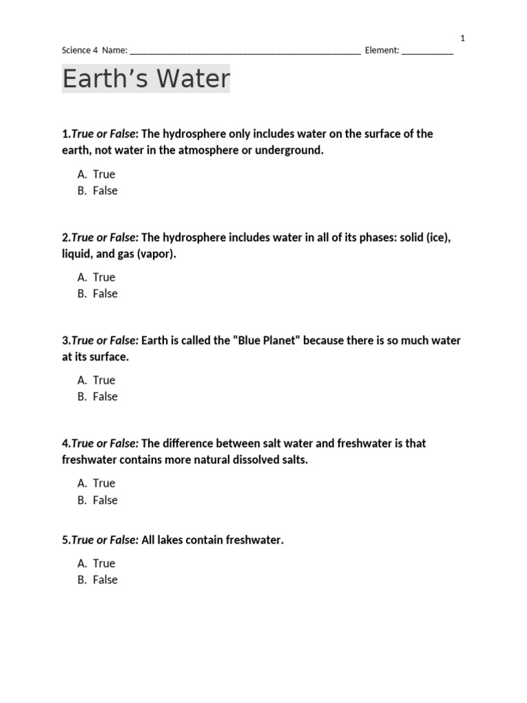 Day 1 Earth's Water Worksheet | PDF | Water | Earth