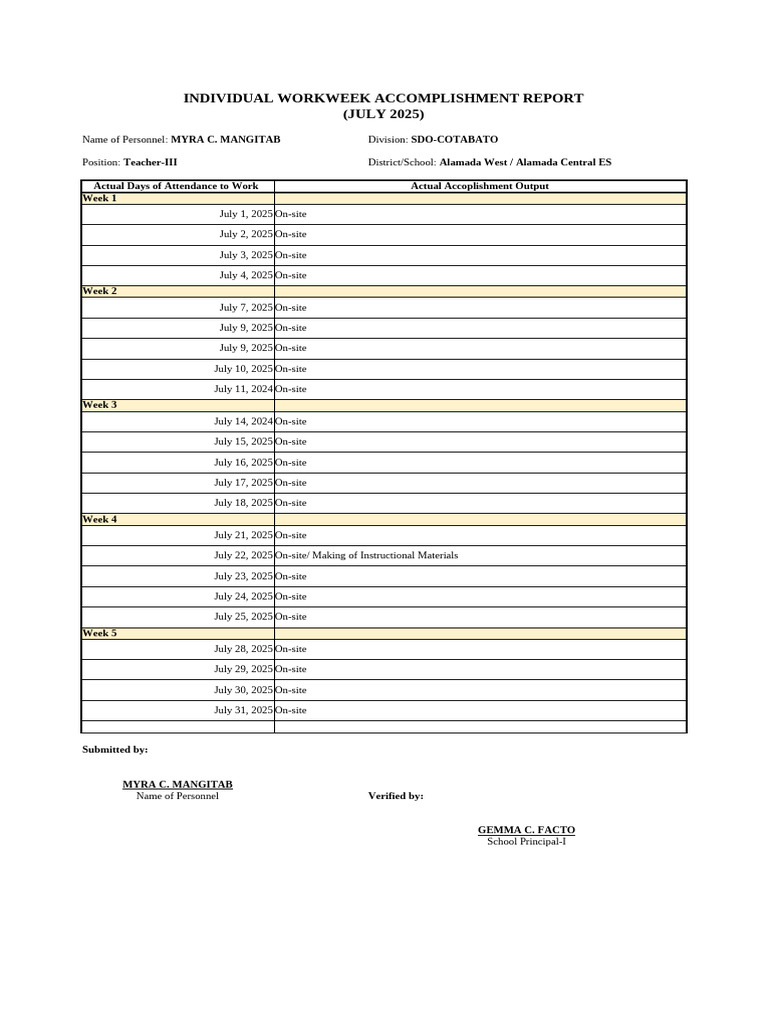 July 2025 Individual Workweek Report | PDF
