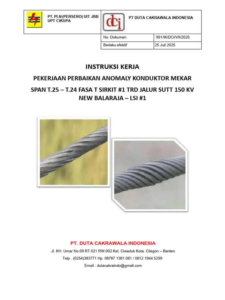 Instruksi Kerja Perbaikan Konduktor 150kV | PDF