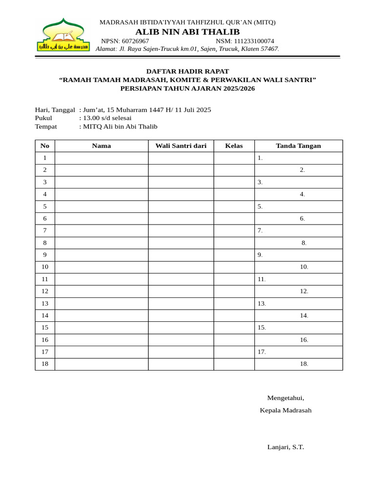 Daftar Hadir Rapat Pembentukan Komite | PDF