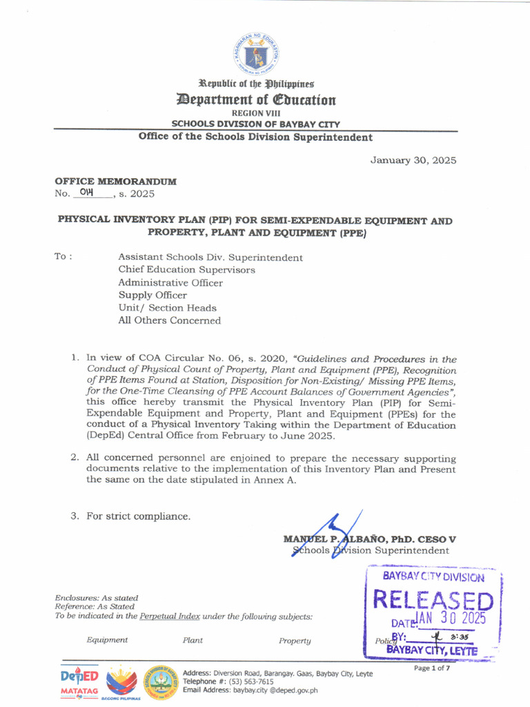 Office Memo No 014 S. 2025 Physical Inventory Plan Pip For Semi ...