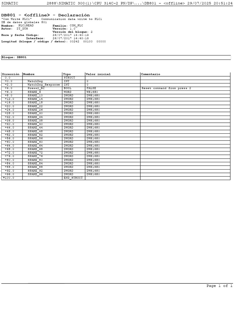 Declaración de DB801 para PLC1 | PDF