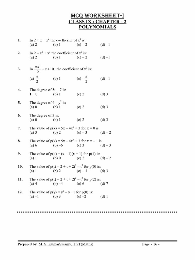 MCQs - Maths Class IX Question Bank - Doc - Polynomials | PDF