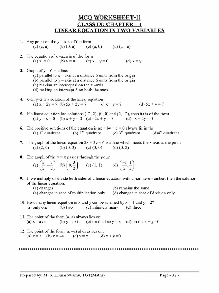 MCQs - Maths Class IX Question Bank - Doc Linear Equations in Two ...