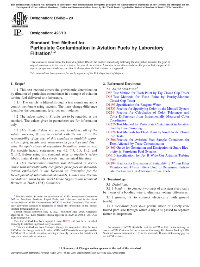ASTM D5452-23: Aviation Fuel Contamination | PDF | Filtration ...