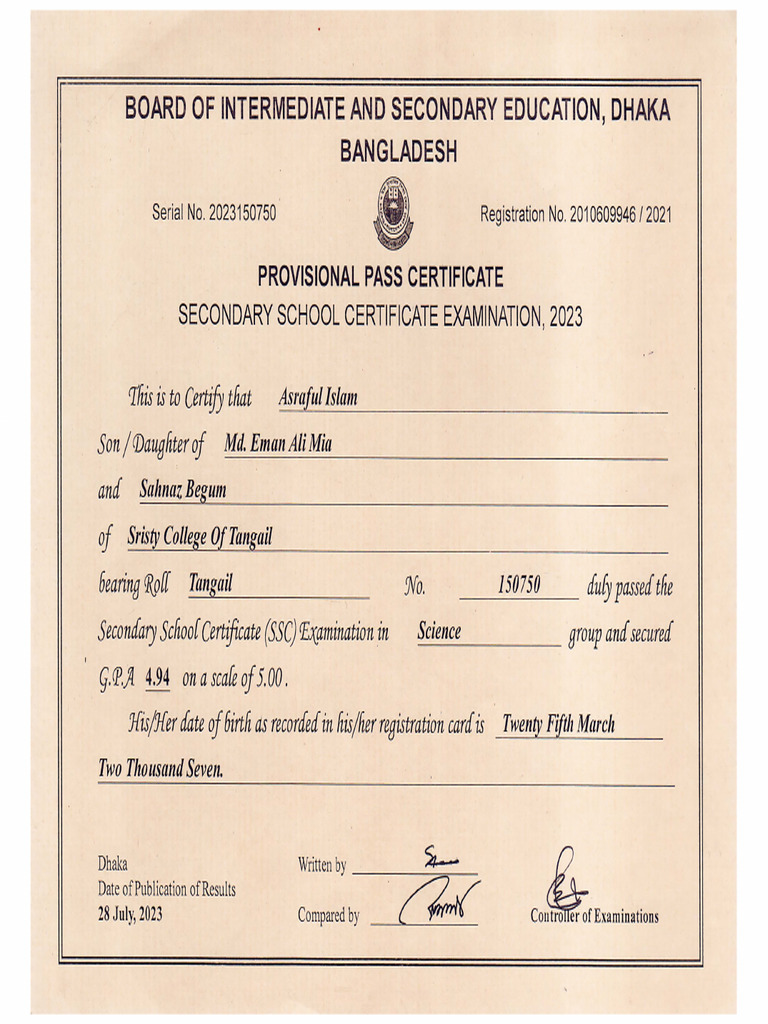 SSC Certificate | PDF