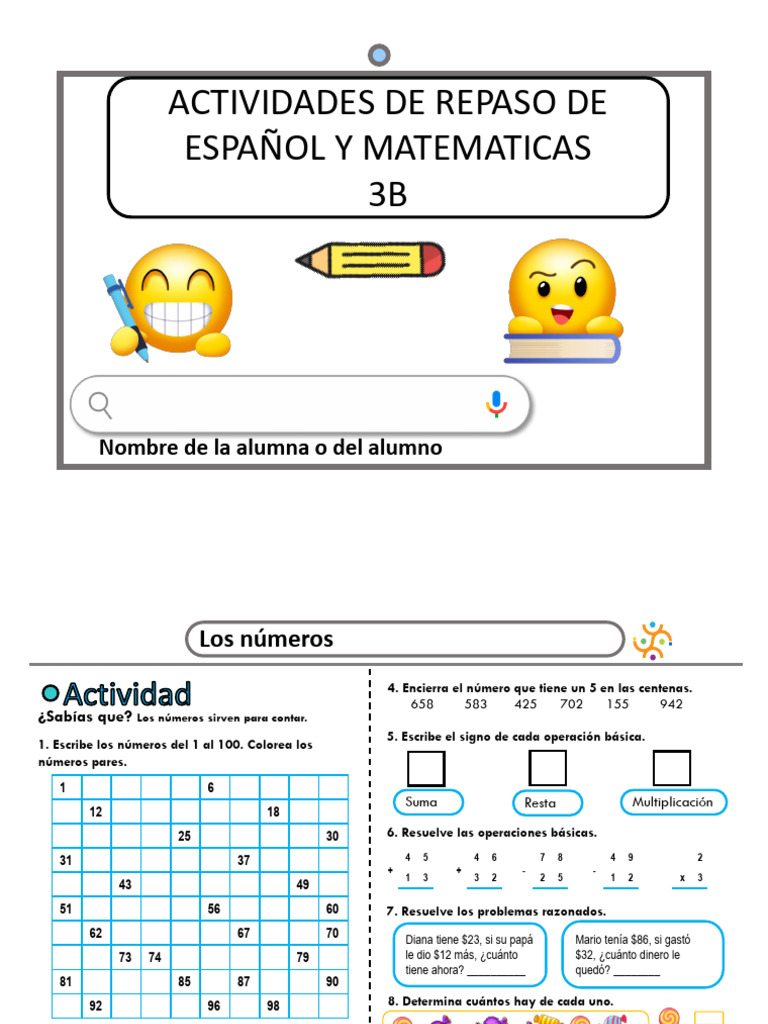 Actividades de Repaso: Español y Matemáticas 3B | PDF