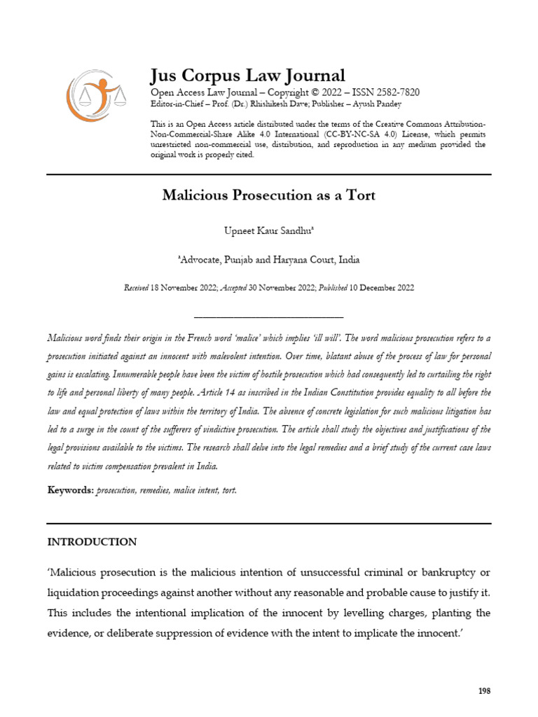 Malicious Prosecution As A Tort | PDF | Lawsuit | Malicious Prosecution
