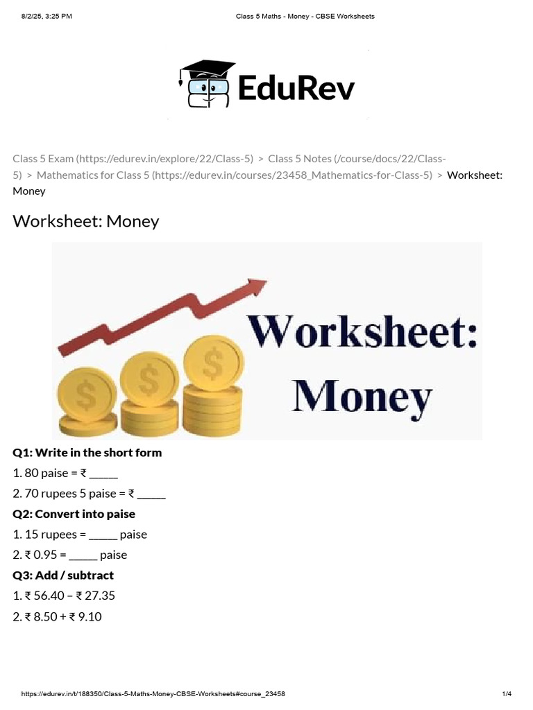 Class 5 Money Worksheet Solutions | PDF | Rupee