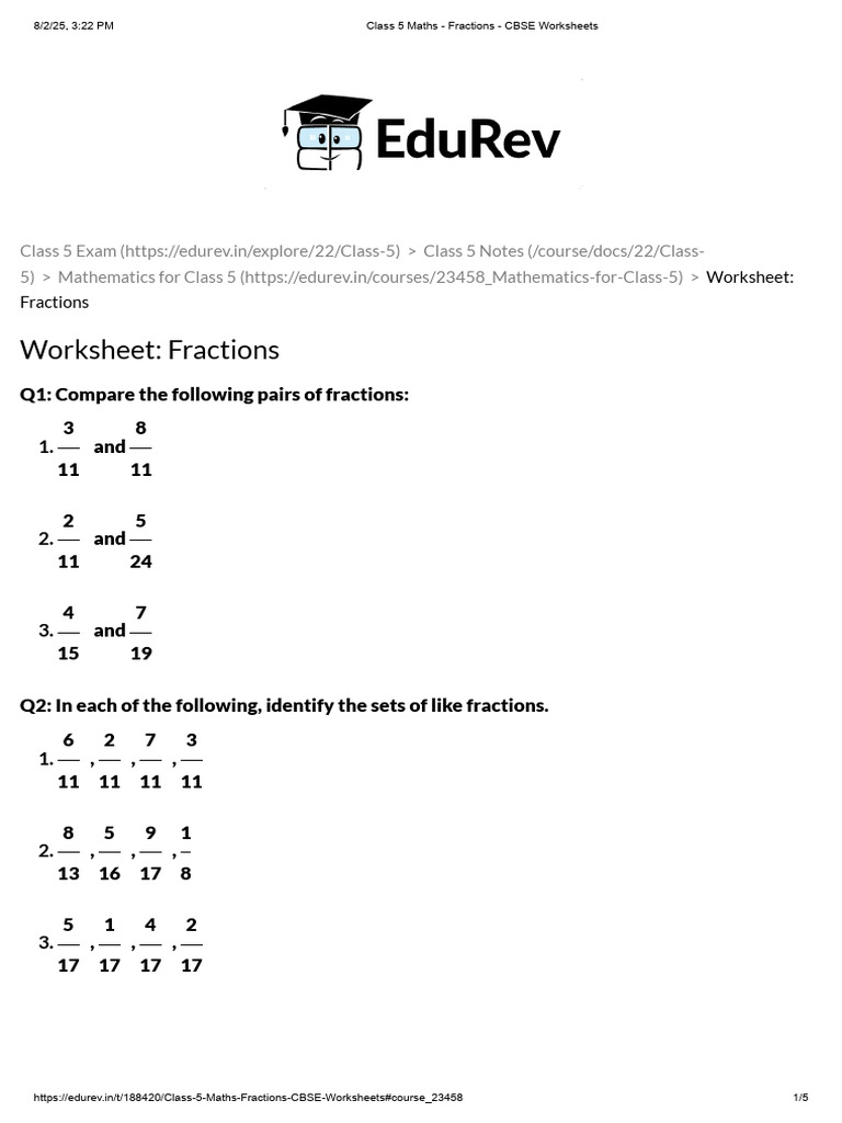 Class 5 Fractions Worksheet PDF | PDF | Division (Mathematics ...